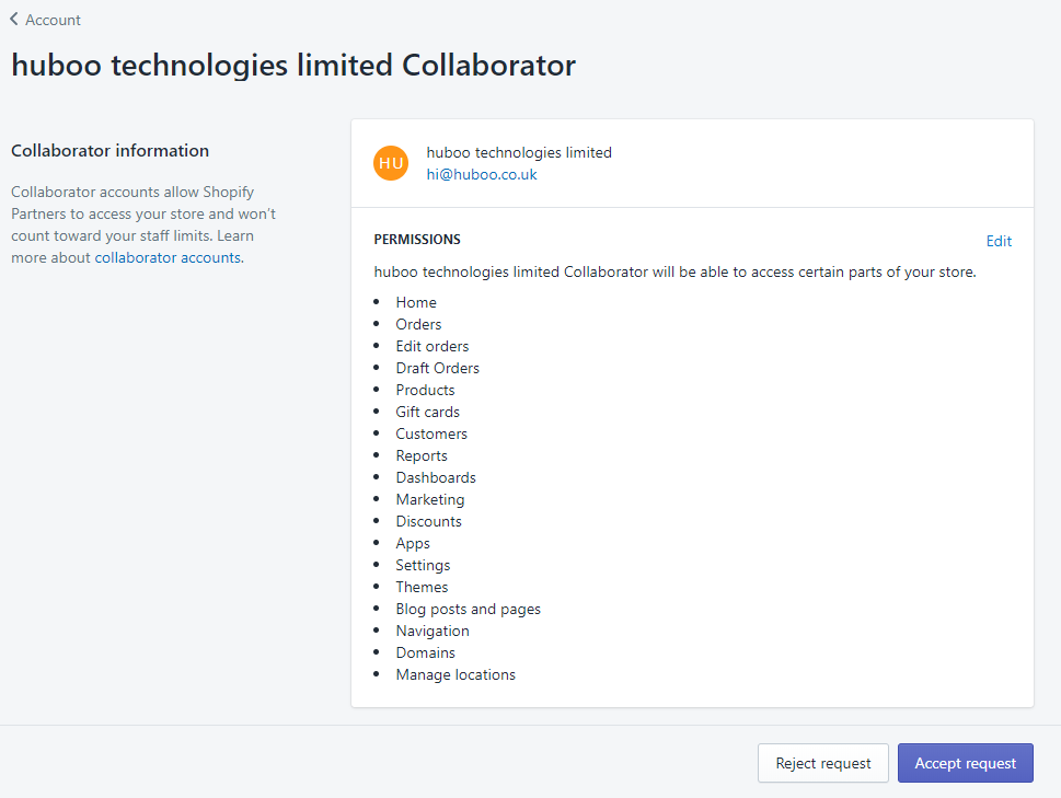 Shopify > Shopify Partners - Allow Huboo Support To Access Your Store